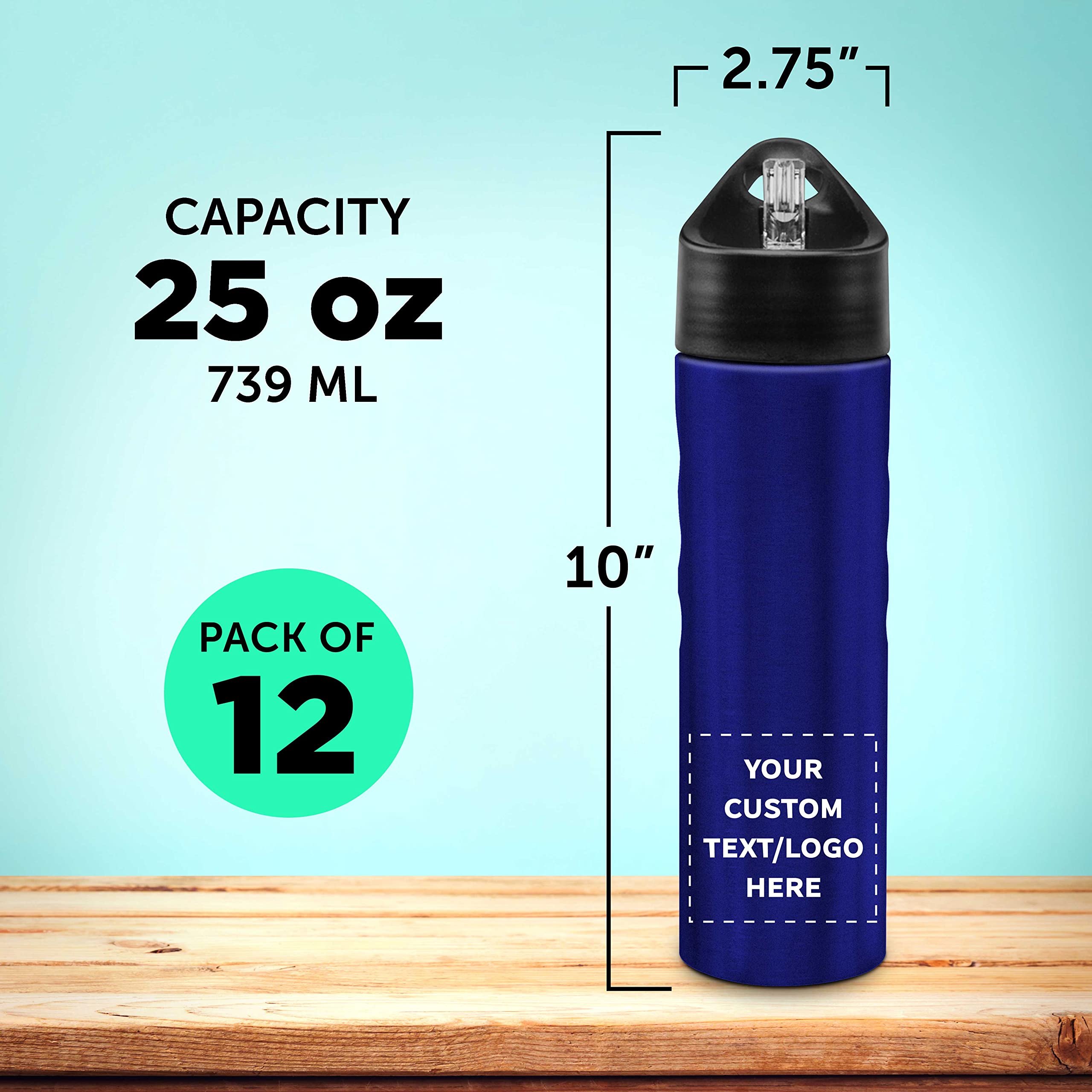 DISCOUNT PROMOS Custom Slim Stainless Steel Water Bottles 25 oz, 12 pack, Personalized Text, Logo, Reusable Gym Sports Bulk Pack, Blue