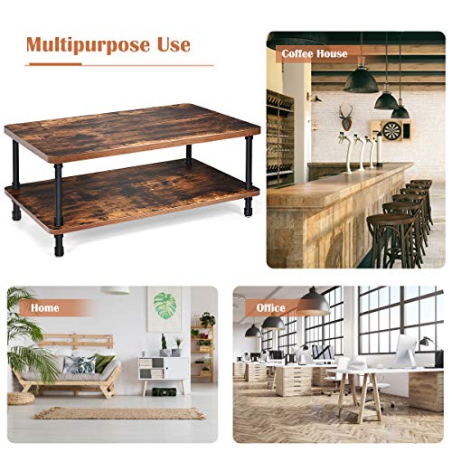 Giantex Retro Coffee Table W/Thick Tabletop, Industrial Steel Pipe Legs & 2-Tier Storage Shelf Accent Table for Living Room, Reception Room, Easy Assembly Center Table, Rustic Brown