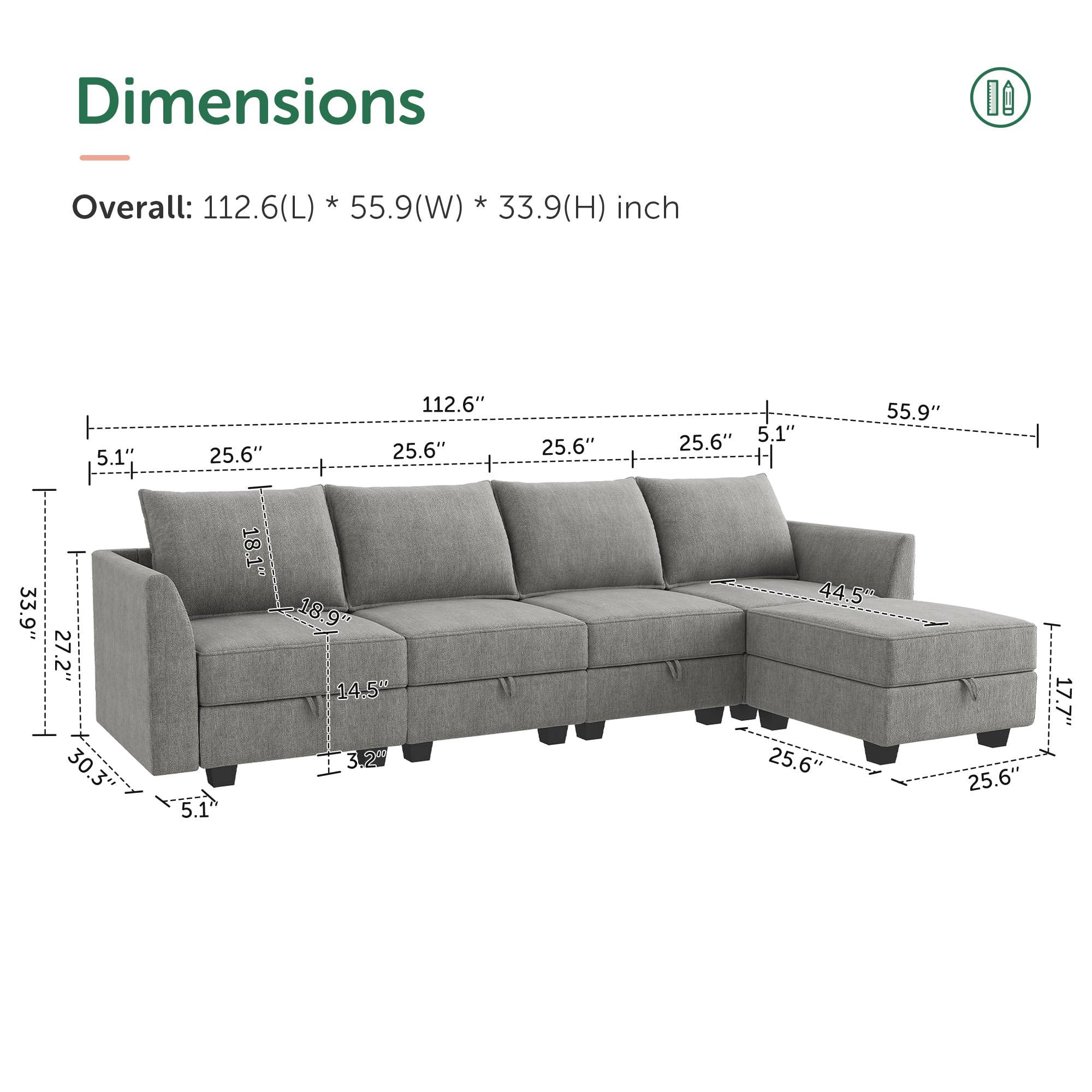 HONBAY Convertible Sectional Couch with Reversible Chaise Modern L-Shape Sofa 4-Seat Couch Modular Sectional Sofa with Storage Seats, Grey