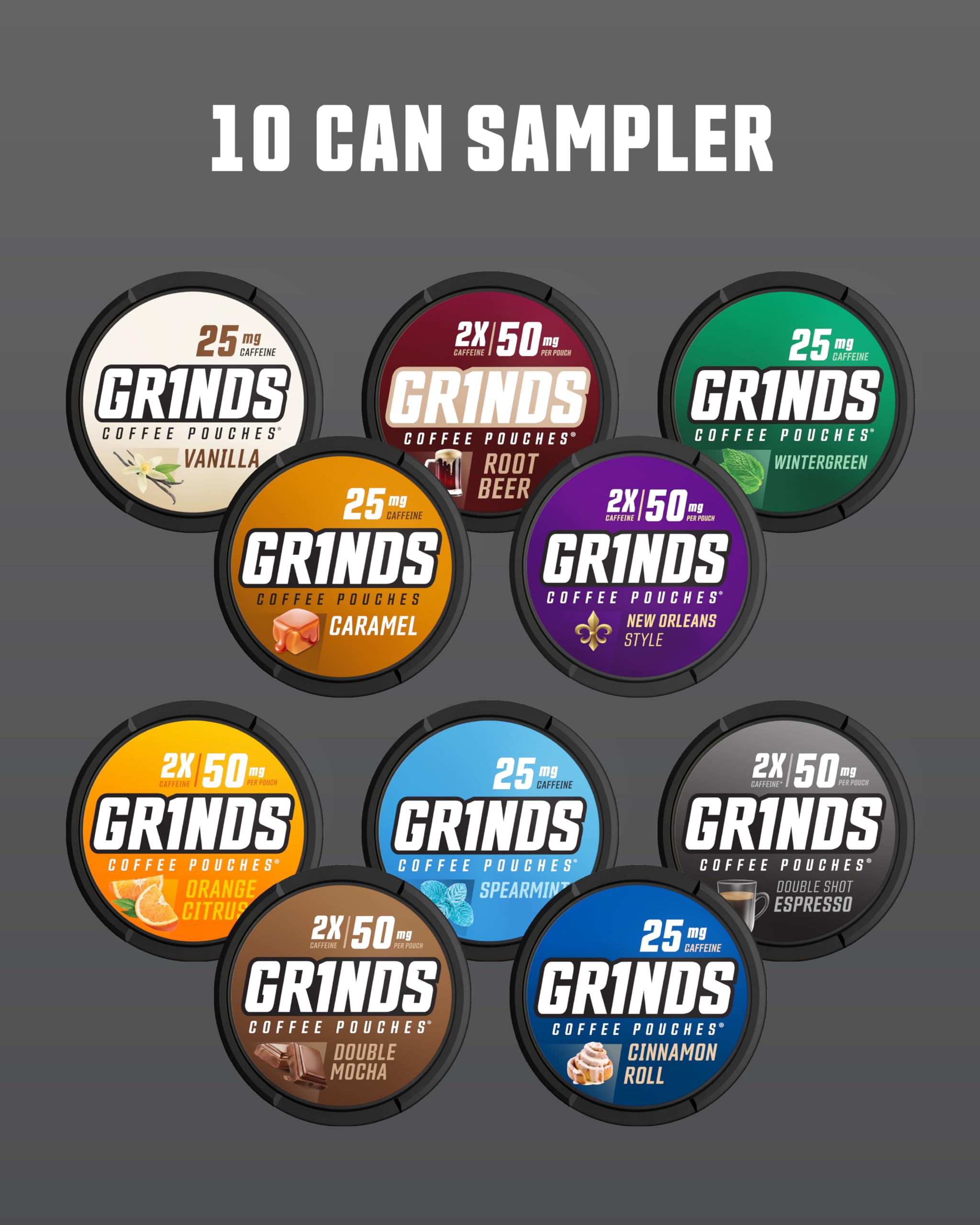 Grinds Coffee Pouches | Try Em All 10 Can Variety Pack | Tobacco & Nicotine Free | Chewing Alternative | 18 Pouches Per Can | 1 Pouch eq. 1/4 Cup of Coffee (Try Em All 10 Can Variety Pack)