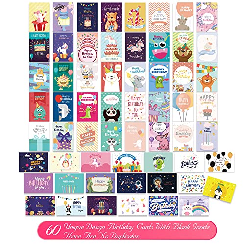 Hotcinfin Happy Birthday Cards Assortment Boxed Set, Bulk Assorted 60 Design Greeting Gift Cards With Envelopes,Stickers-Funny Blank Note for Friend, Kids,Men, Women,4X6