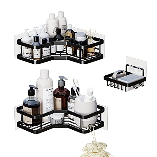 ZHOHO TANT Corner Shower Caddy 3 Pack Corner Shower Shelf with Adhesive Hooks and Soap Holder Stainless Steel Shower Organizer Corner Shelf Rack for Bathroom Storage(Black)