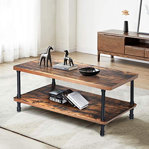 Giantex Retro Coffee Table W/Thick Tabletop, Industrial Steel Pipe Legs & 2-Tier Storage Shelf Accent Table for Living Room, Reception Room, Easy Assembly Center Table, Rustic Brown