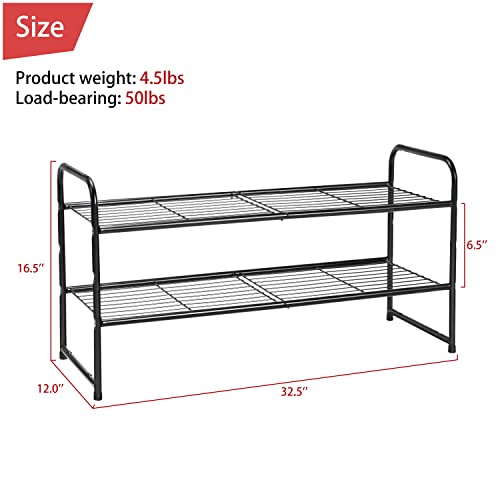 GEORIS Stackable 2-Tier Shoe Rack, Space-Saving Wide 15-Pairs Shoe Shelf Organizer for Closet, Entryway, Hallway, Black