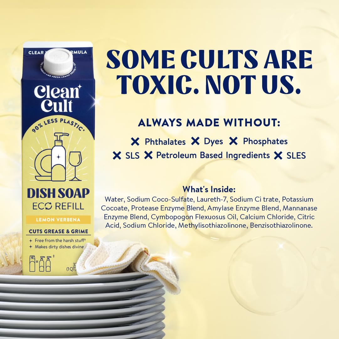 Cleancult Dish Soap Liquid Refills - Plant Based Cleaning Power - Cuts Grease & Grime - Free of Harsh Chemicals - Uses 90% Less Plastic - Lemon Verbena - 32 oz/3 Pack