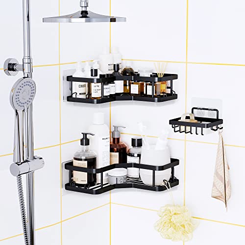 ZHOHO TANT Corner Shower Caddy 3 Pack Corner Shower Shelf with Adhesive Hooks and Soap Holder Stainless Steel Shower Organizer Corner Shelf Rack for Bathroom Storage(Black)