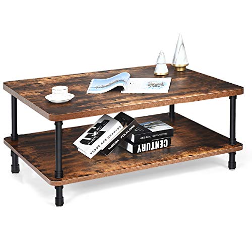 Giantex Retro Coffee Table W/Thick Tabletop, Industrial Steel Pipe Legs & 2-Tier Storage Shelf Accent Table for Living Room, Reception Room, Easy Assembly Center Table, Rustic Brown