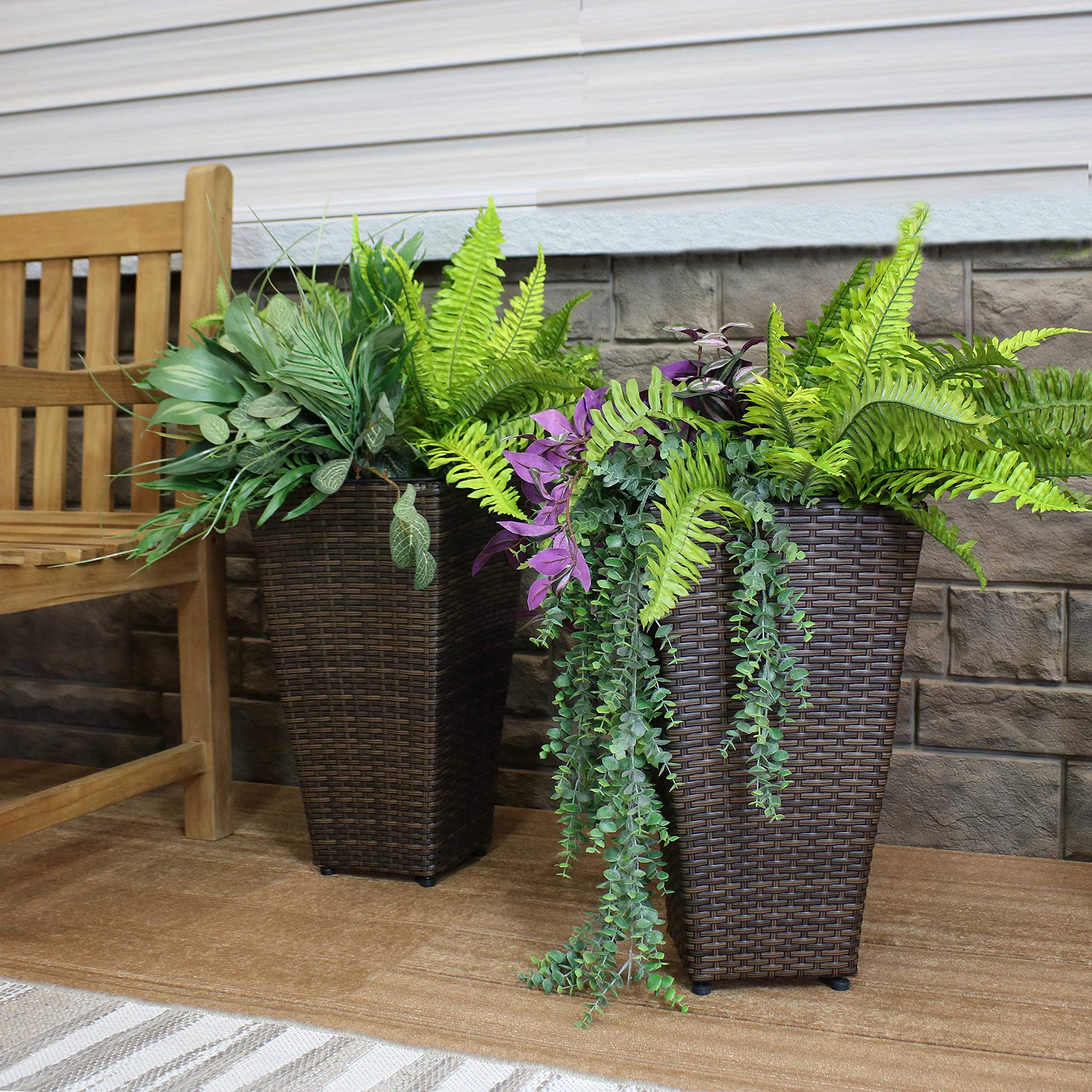 Sunnydaze Tall Square Polyrattan Indoor/Outdoor Planter - 20-Inches Tall - Set of 2 - Brown