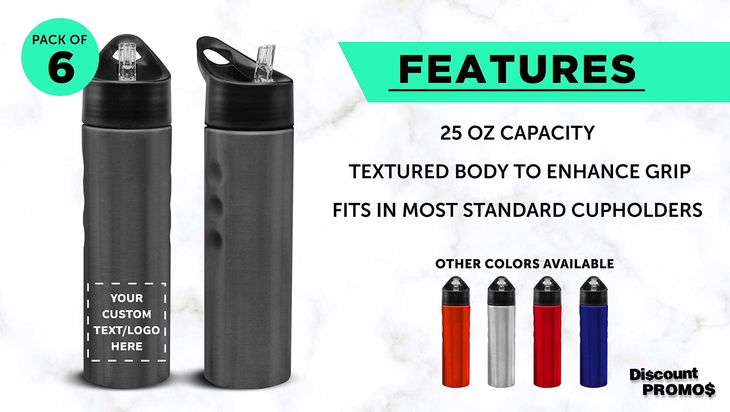 DISCOUNT PROMOS Custom Slim Stainless Steel Water Bottles 25 oz, 6 pack, Personalized Text, Logo, Reusable Gym Sports Bulk Pack, Charcoal