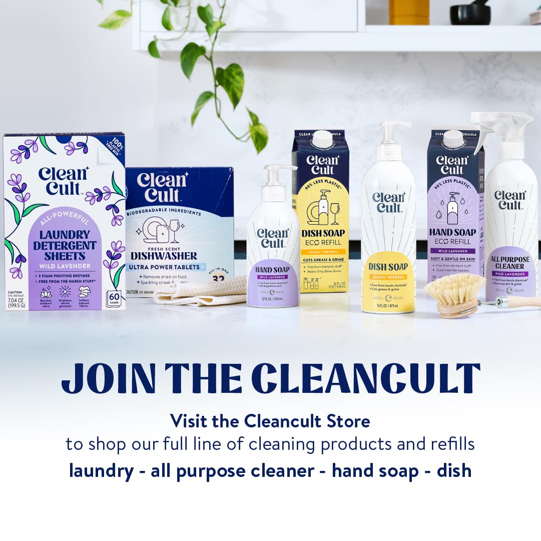Cleancult Dish Soap Liquid Refills - Plant Based Cleaning Power - Cuts Grease & Grime - Free of Harsh Chemicals - Uses 90% Less Plastic - Lemon Verbena - 32 oz/3 Pack