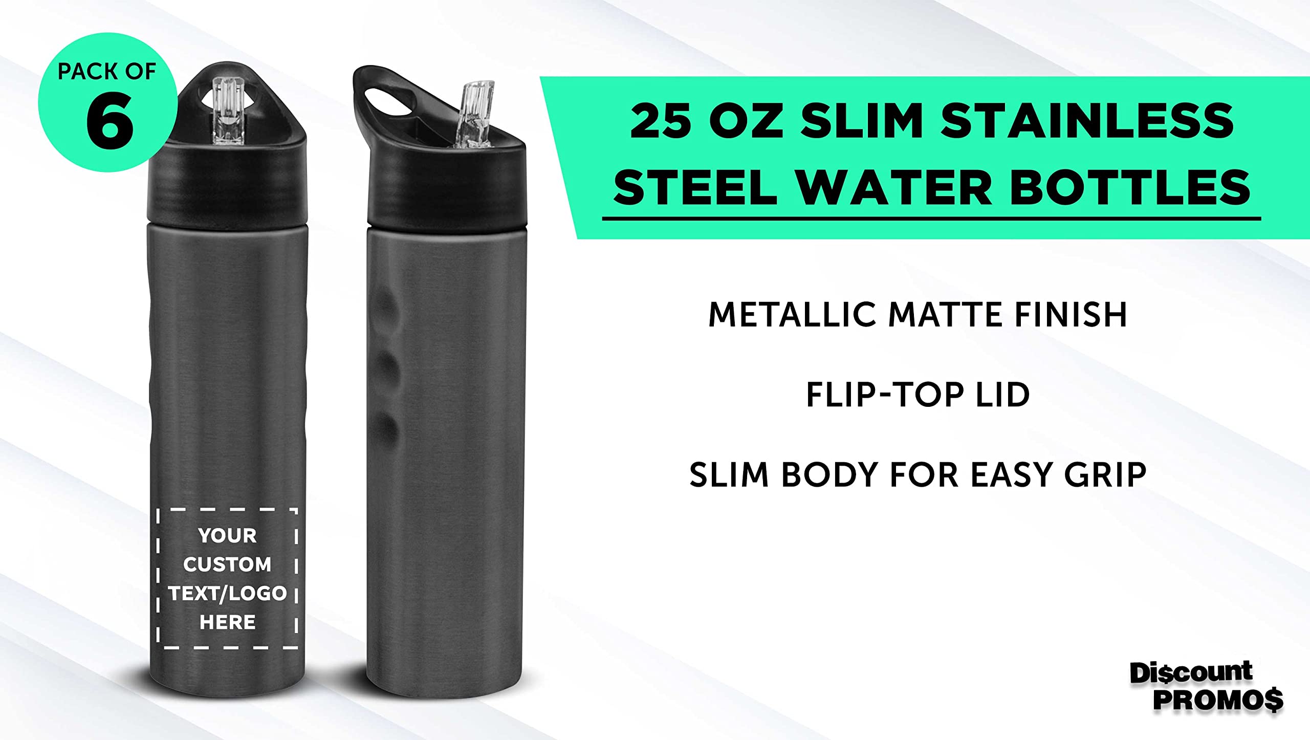 DISCOUNT PROMOS Custom Slim Stainless Steel Water Bottles 25 oz, 6 pack, Personalized Text, Logo, Reusable Gym Sports Bulk Pack, Charcoal