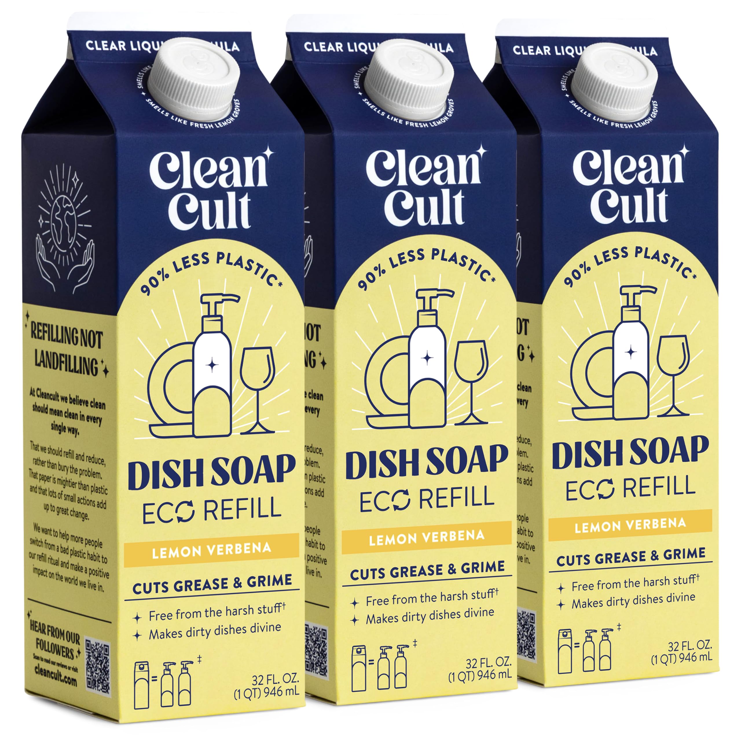 Cleancult Dish Soap Liquid Refills - Plant Based Cleaning Power - Cuts Grease & Grime - Free of Harsh Chemicals - Uses 90% Less Plastic - Lemon Verbena - 32 oz/3 Pack