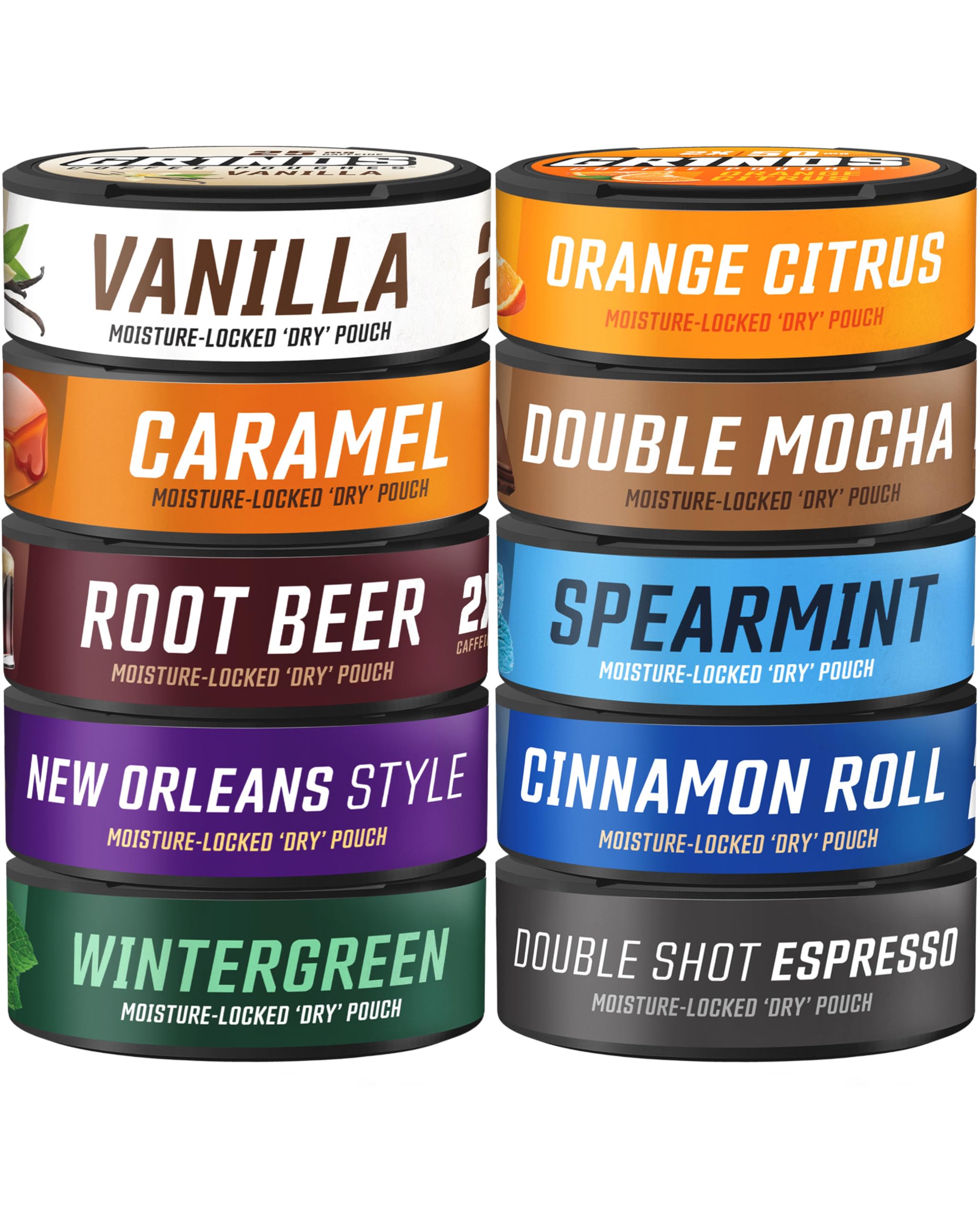Grinds Coffee Pouches | Try Em All 10 Can Variety Pack | Tobacco & Nicotine Free | Chewing Alternative | 18 Pouches Per Can | 1 Pouch eq. 1/4 Cup of Coffee (Try Em All 10 Can Variety Pack)