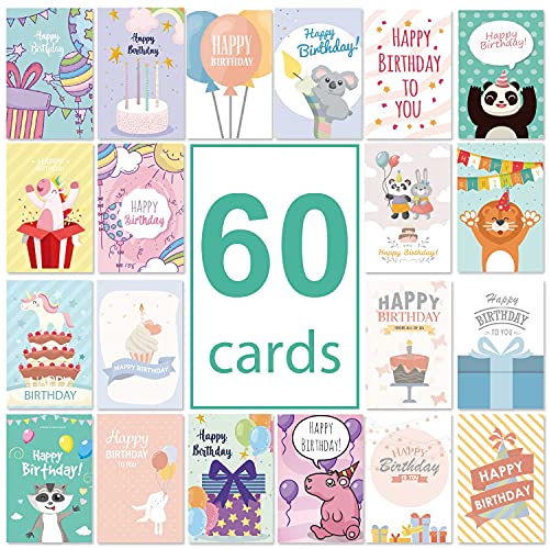 Hotcinfin Happy Birthday Cards Assortment Boxed Set, Bulk Assorted 60 Design Greeting Gift Cards With Envelopes,Stickers-Funny Blank Note for Friend, Kids,Men, Women,4X6