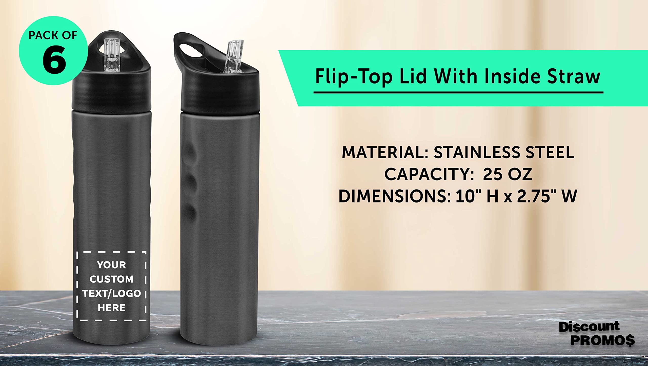 DISCOUNT PROMOS Custom Slim Stainless Steel Water Bottles 25 oz, 6 pack, Personalized Text, Logo, Reusable Gym Sports Bulk Pack, Charcoal