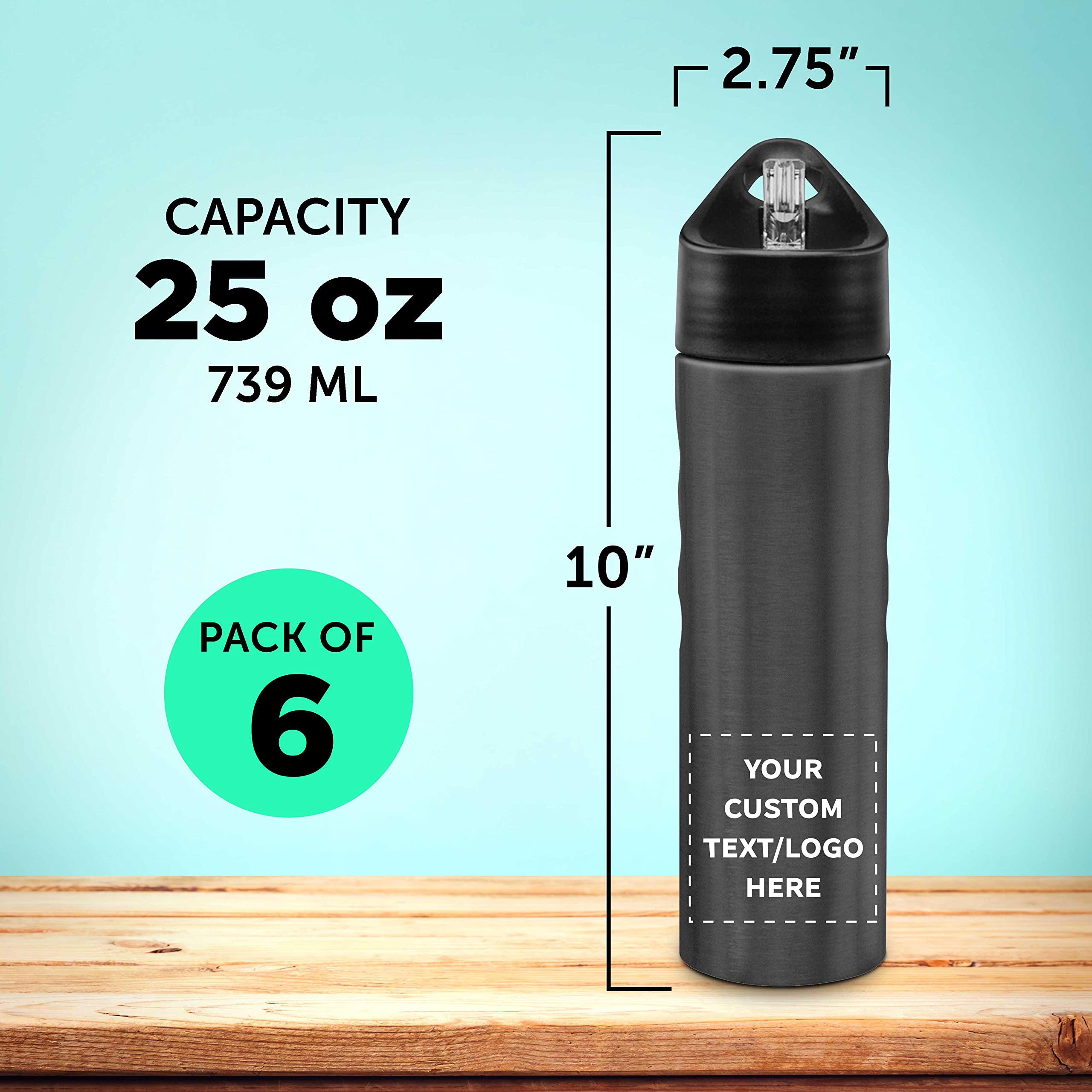 DISCOUNT PROMOS Custom Slim Stainless Steel Water Bottles 25 oz, 6 pack, Personalized Text, Logo, Reusable Gym Sports Bulk Pack, Charcoal