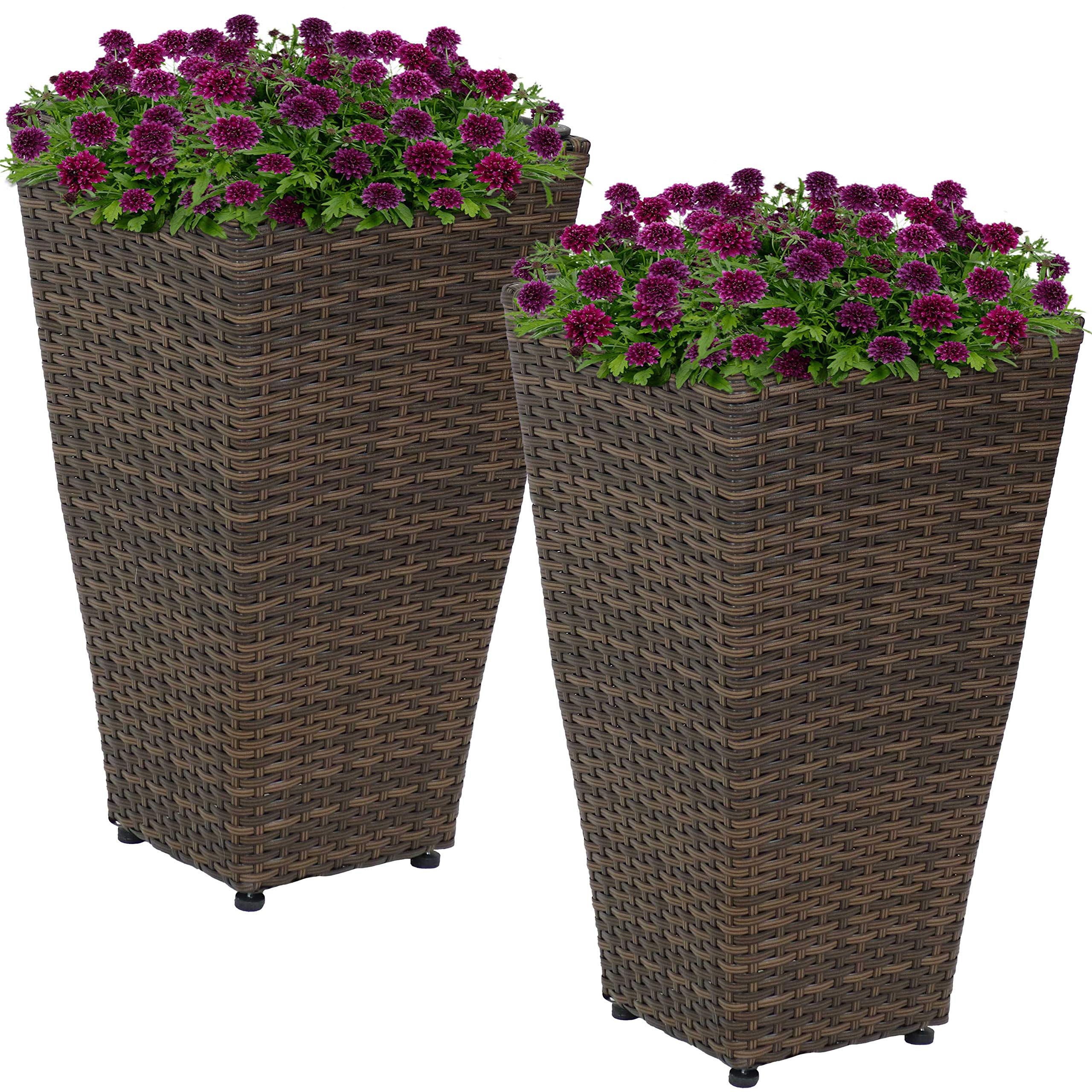 Sunnydaze Tall Square Polyrattan Indoor/Outdoor Planter - 20-Inches Tall - Set of 2 - Brown
