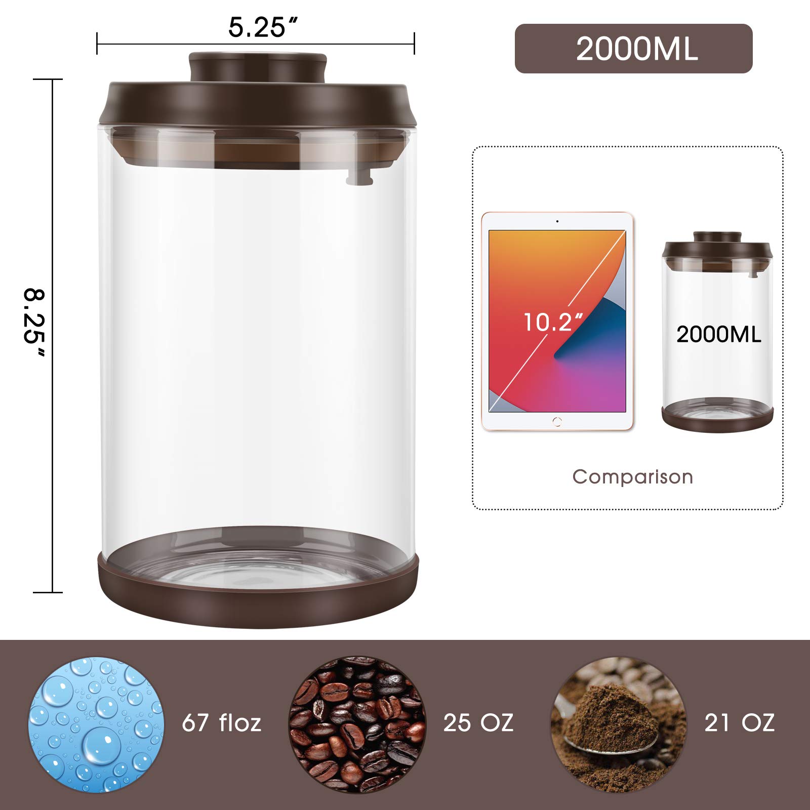 Coffee canister,Airtight Storage Coffee Beans Container,Large Glass Jar with One Way Co2-Release Valve,Fresh food container for Beans,Ground coffee,Sugar,Flour,Cookie,Nuts