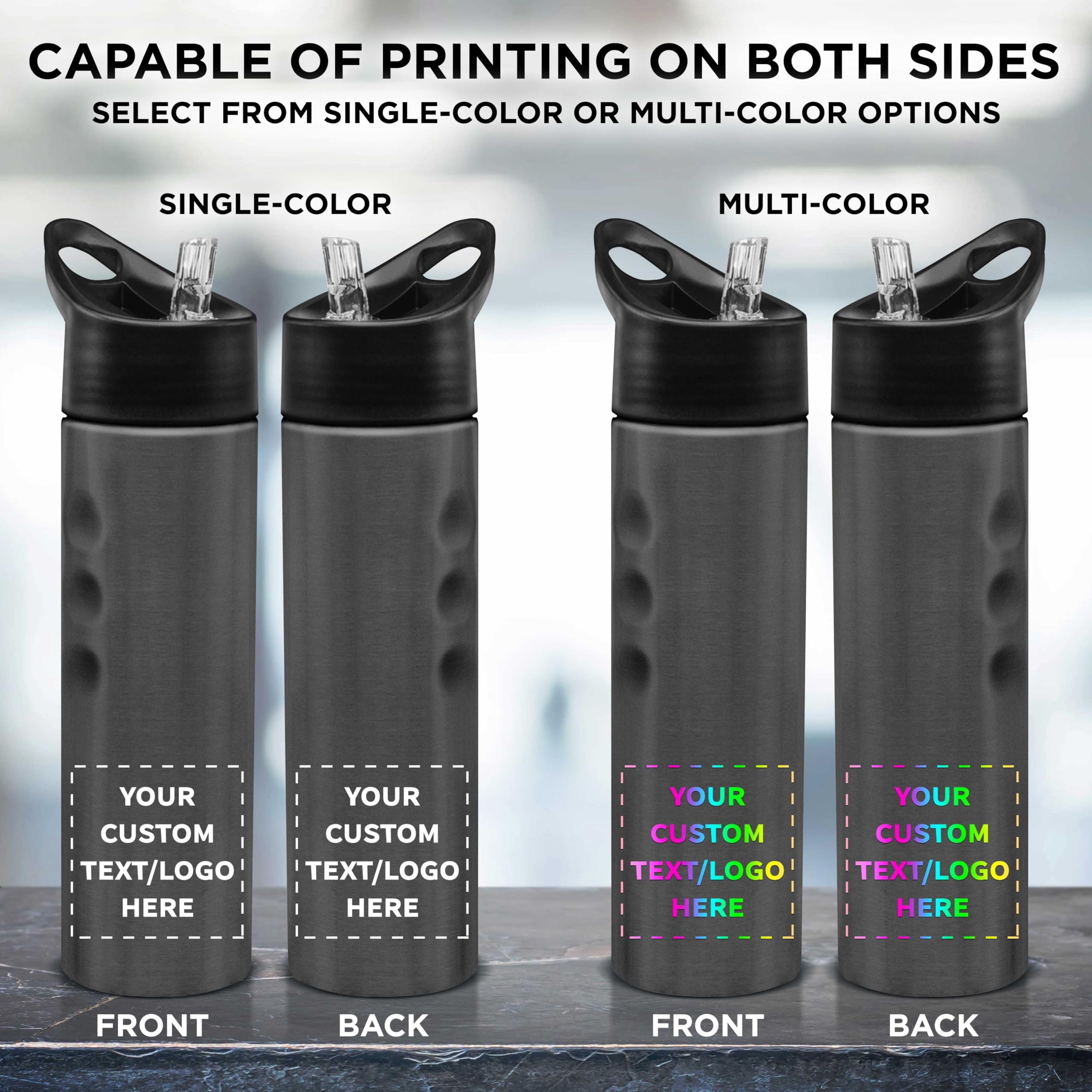 DISCOUNT PROMOS Custom Slim Stainless Steel Water Bottles 25 oz, 6 pack, Personalized Text, Logo, Reusable Gym Sports Bulk Pack, Charcoal