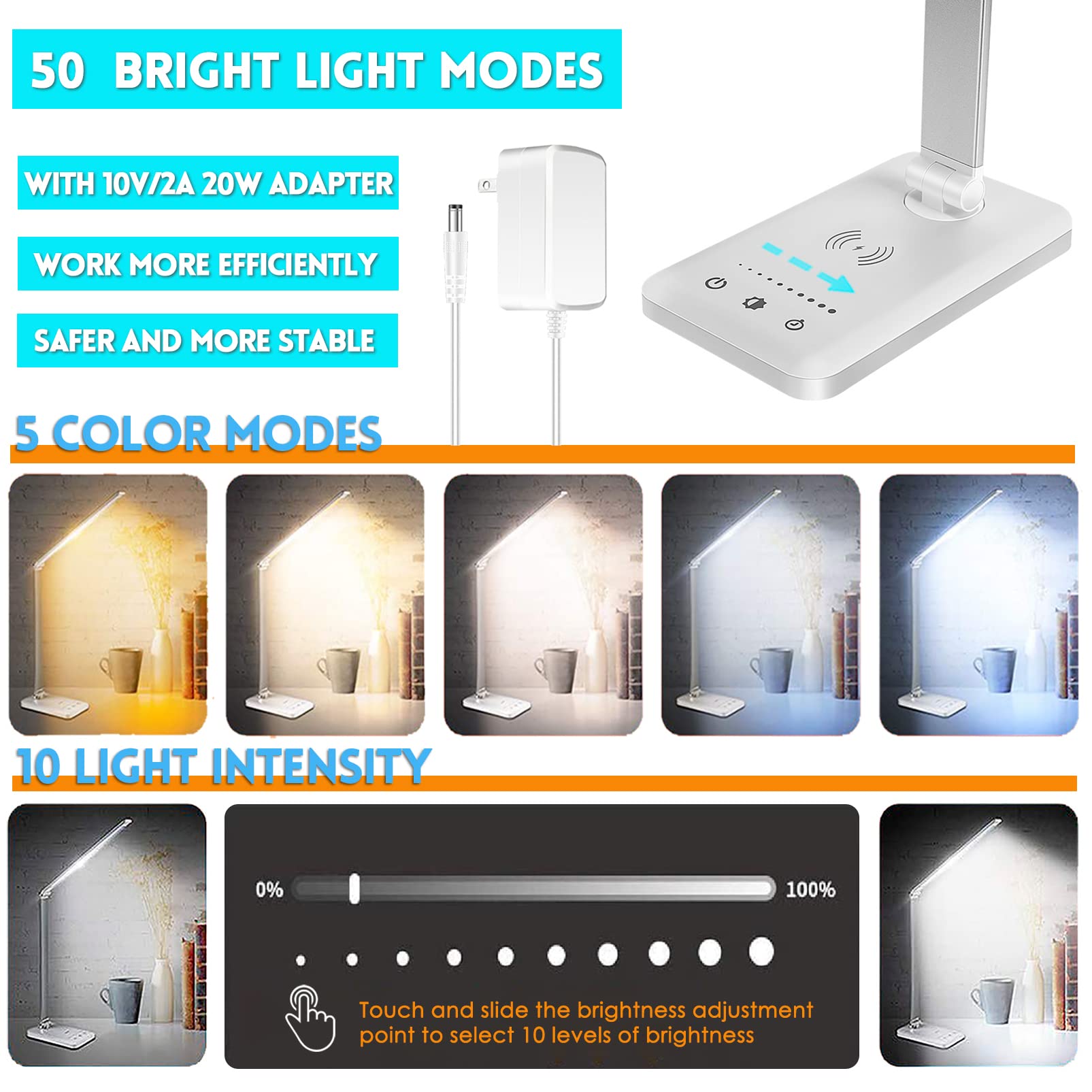 JOSTIC LED Desk Lamp with Wireless Charger, USB Charging Port, Desk Light with 10 Brightness, 5 Color Modes, Dimmable Eye Caring Reading Desk Lamps for Home Office, Touch Control, Auto Timer, White
