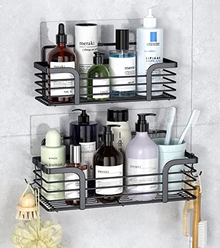shfhesive Adhesive Bathroom Shower Shelves(2 Pack), SUS304 Stainless Steel Rustproof Shower Caddy Shower Racks for Inside Shower, No Drilling Bathroom Shower Organizer with 4 Hooks(Black)