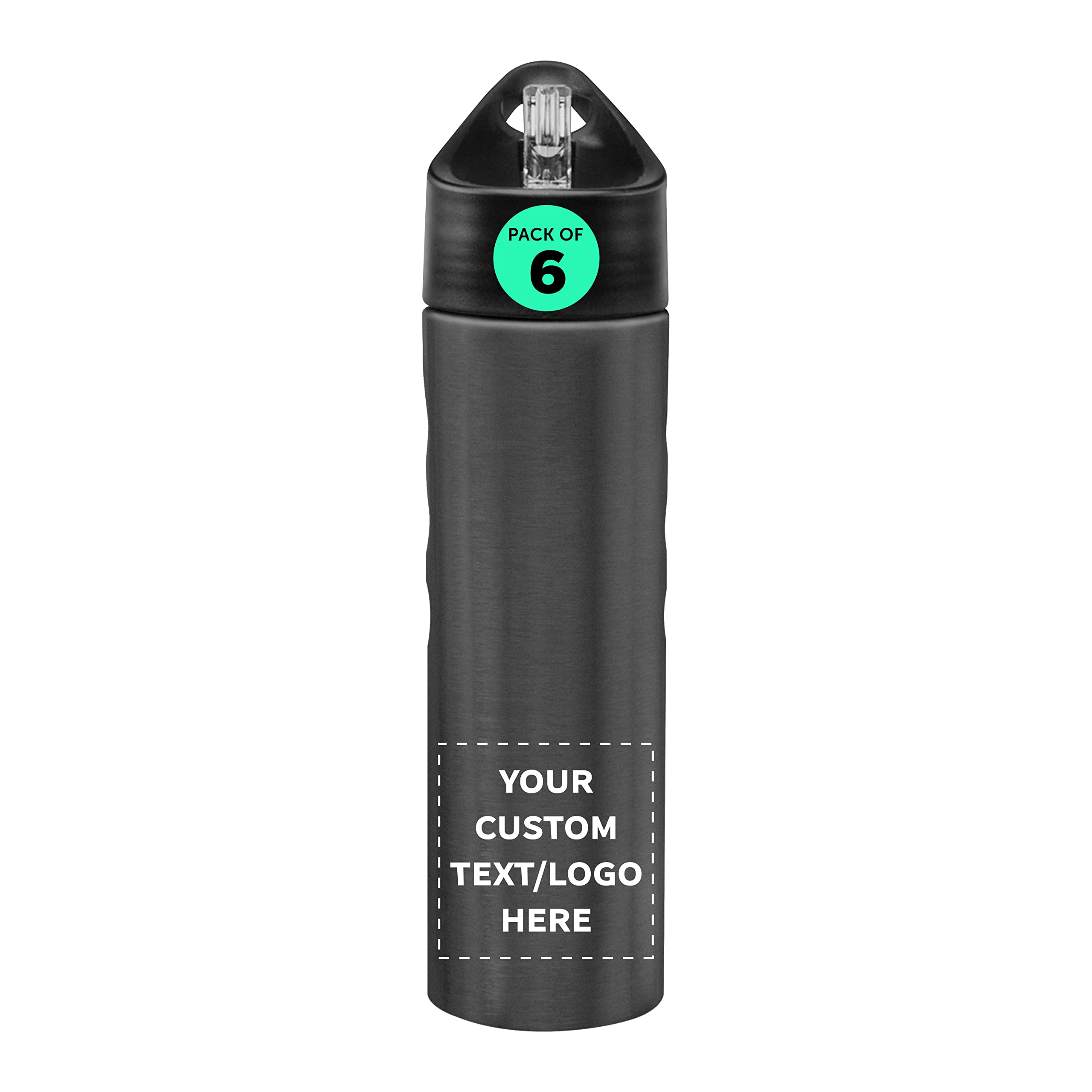 DISCOUNT PROMOS Custom Slim Stainless Steel Water Bottles 25 oz, 6 pack, Personalized Text, Logo, Reusable Gym Sports Bulk Pack, Charcoal