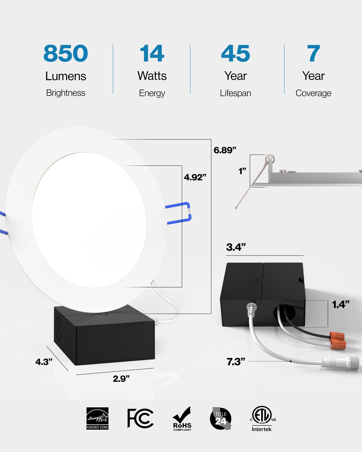 Sunco 2 Pack 6 Inch Ultra Thin LED Recessed Ceiling Lights, 5000K Daylight, Dimmable, 14W, Wafer Thin, Canless with Junction Box