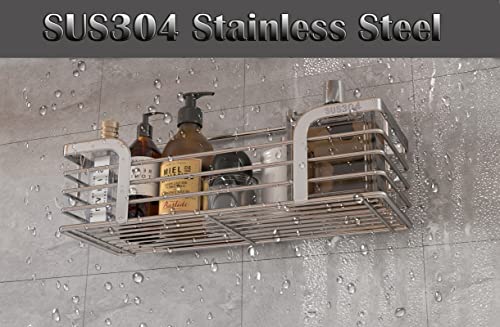 shfhesive Adhesive Bathroom Shower Shelves(2 Pack), SUS304 Stainless Steel Rustproof Shower Caddy Shower Racks for Inside Shower, No Drilling Bathroom Shower Organizer with 4 Hooks(Black)
