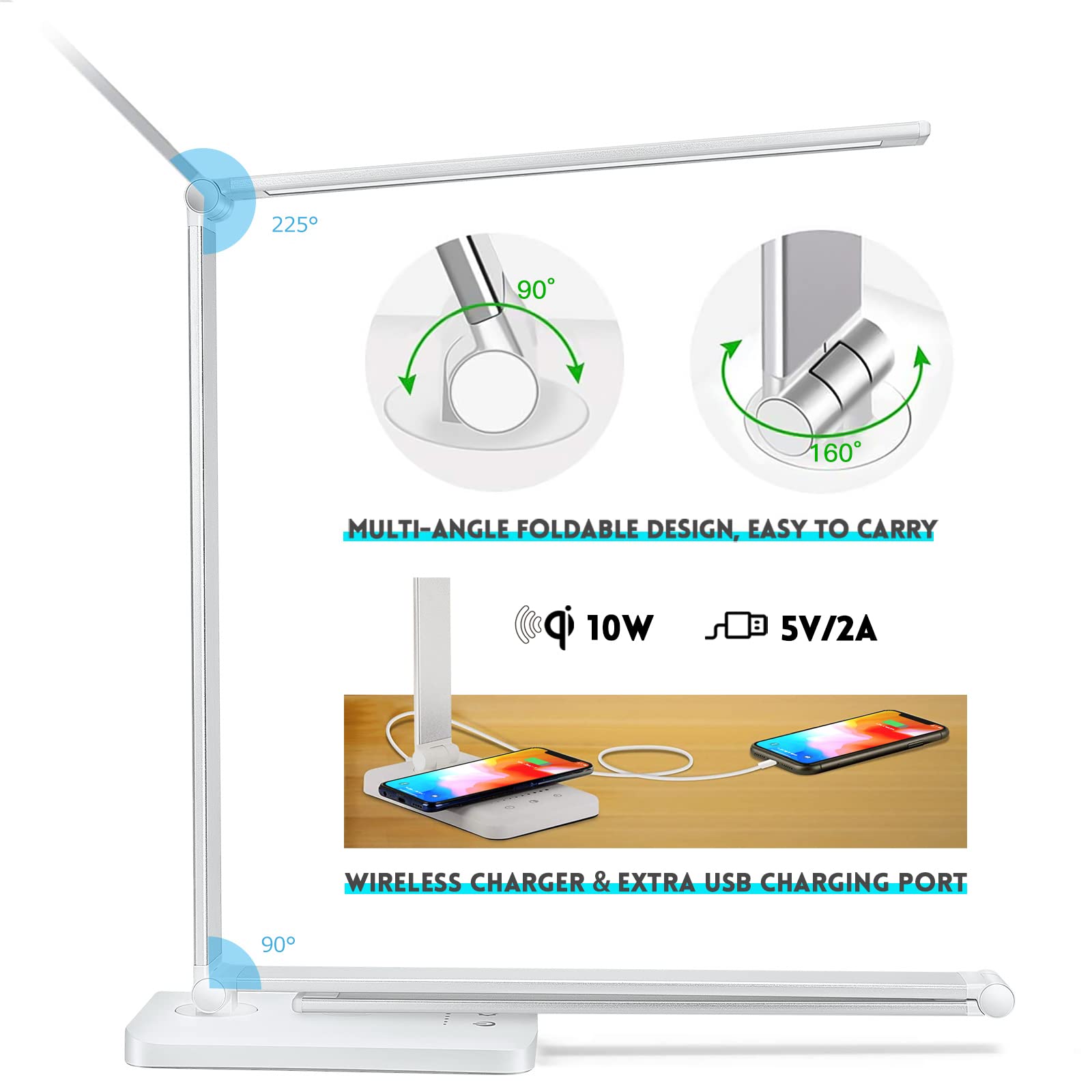 JOSTIC LED Desk Lamp with Wireless Charger, USB Charging Port, Desk Light with 10 Brightness, 5 Color Modes, Dimmable Eye Caring Reading Desk Lamps for Home Office, Touch Control, Auto Timer, White