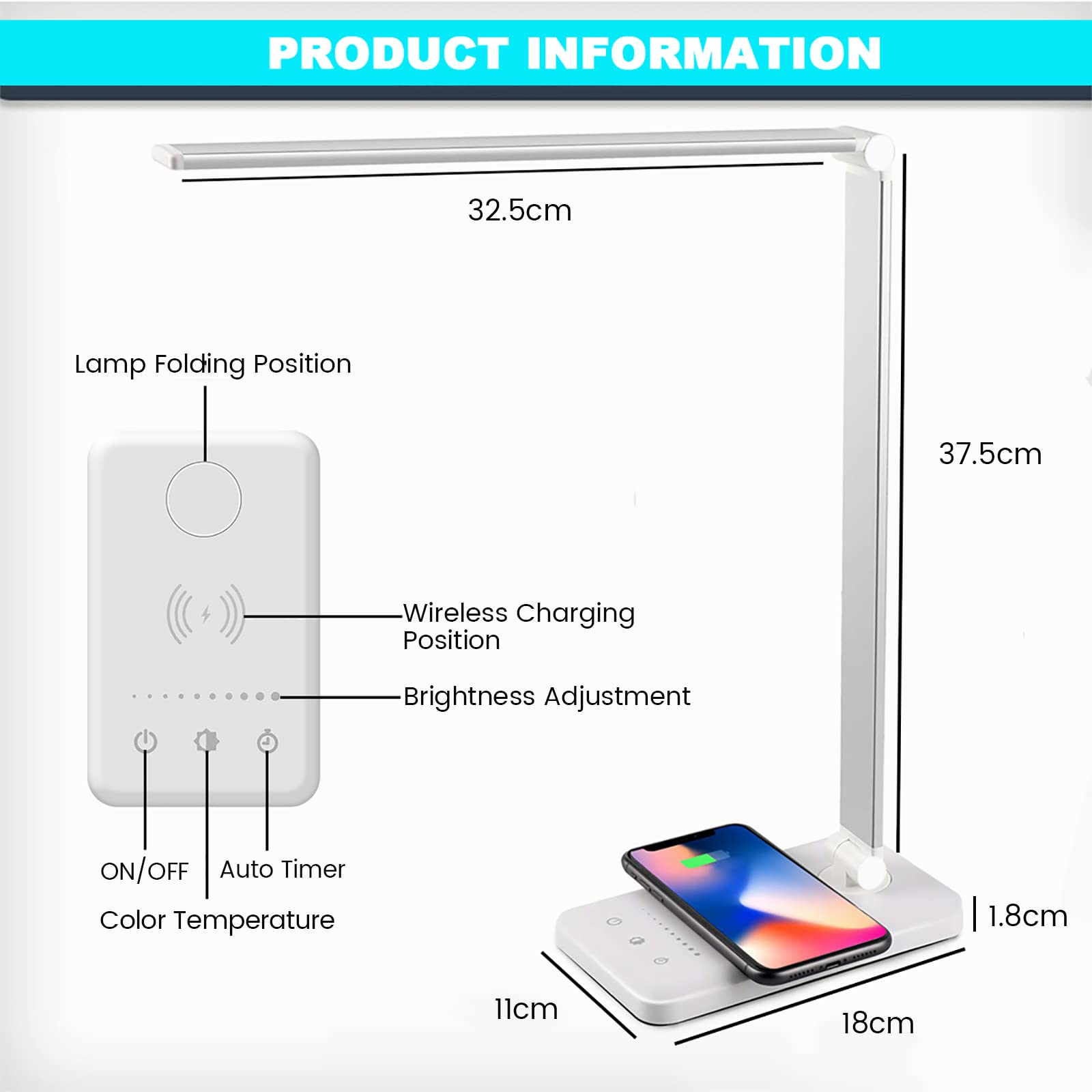 JOSTIC LED Desk Lamp with Wireless Charger, USB Charging Port, Desk Light with 10 Brightness, 5 Color Modes, Dimmable Eye Caring Reading Desk Lamps for Home Office, Touch Control, Auto Timer, White