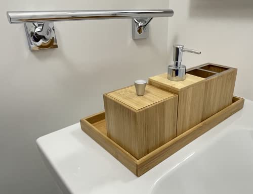 Bamboo Bathroom Accessories Set with Bamboo Trash Can 5 Piece Complete Wood Boho Bathroom Accessory Set Toiletry Box Toothbrush Holder Liquid Bamboo Soap Dispenser Wood Towel Tray Bamboo Decor