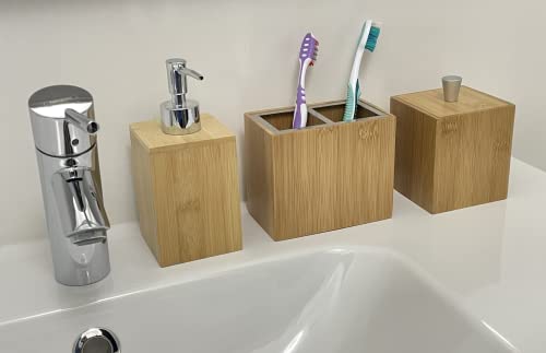Bamboo Bathroom Accessories Set with Bamboo Trash Can 5 Piece Complete Wood Boho Bathroom Accessory Set Toiletry Box Toothbrush Holder Liquid Bamboo Soap Dispenser Wood Towel Tray Bamboo Decor