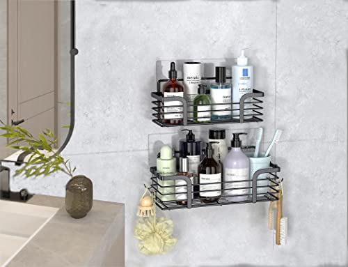 shfhesive Adhesive Bathroom Shower Shelves(2 Pack), SUS304 Stainless Steel Rustproof Shower Caddy Shower Racks for Inside Shower, No Drilling Bathroom Shower Organizer with 4 Hooks(Black)