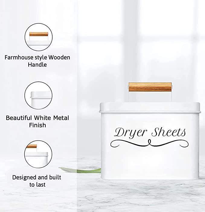 Dryer sheet holder Dispenser Box Container | Modern farmhouse dryer sheet container for laundy room accesories and decor with lid| White