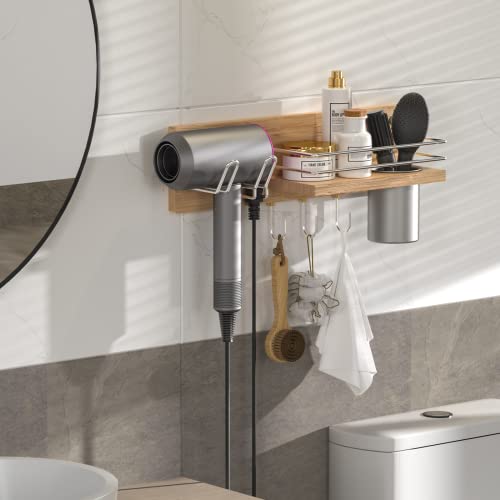 RoleDes Bamboo Hair Dryer Holder Wall Mount,Bathroom Organizer for Styling Tools,Blow Dryer,Curling Iron,Hair Straightener Floating Shelves for Hairdryer Storage