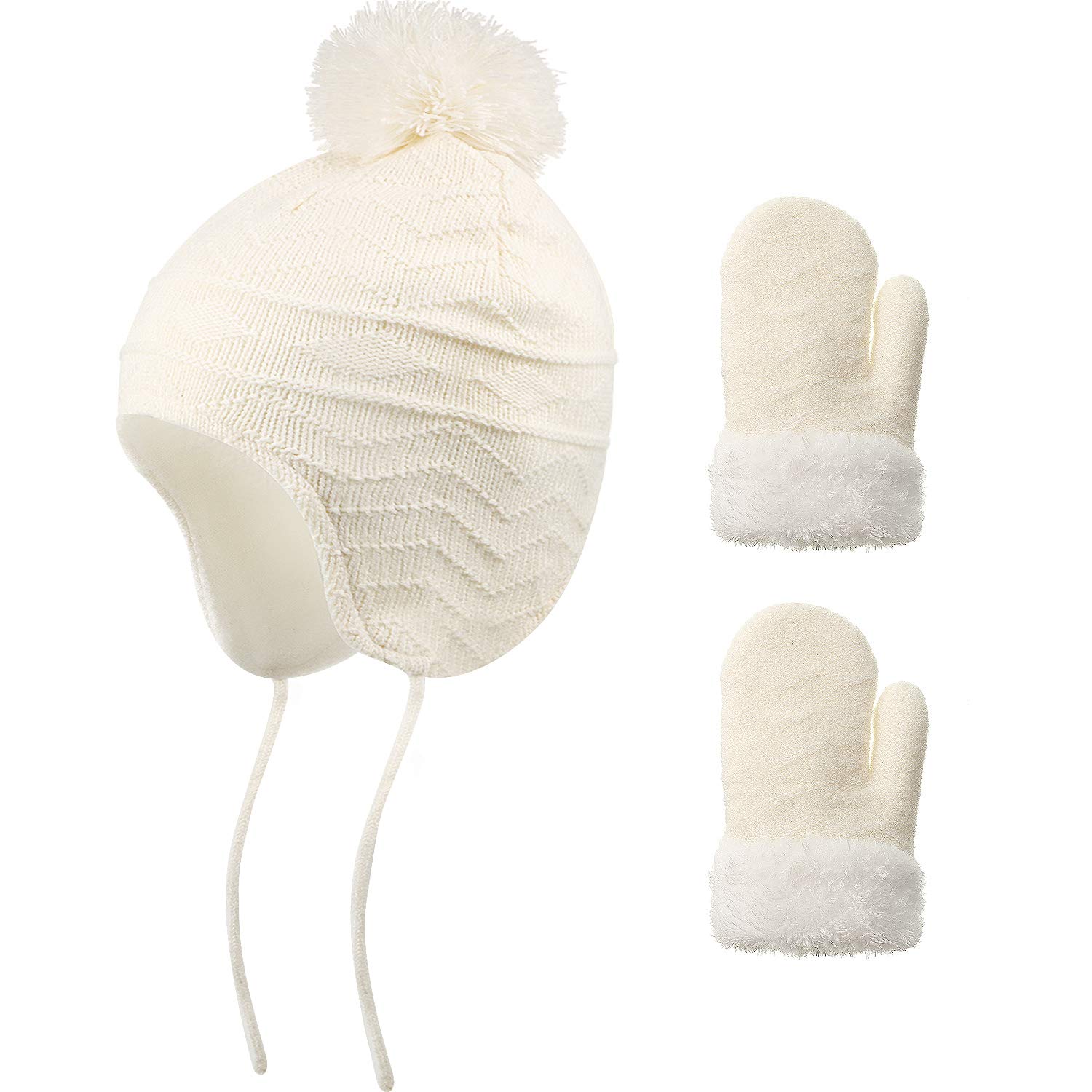 Winter Toddler Hat and Mittens Knit Earflap Hat and Fleece Mitten Gloves Set for Baby Boys Girls (White, 1-3 Years)