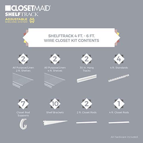 ClosetMaid 2091 ShelfTrack 7Ft. To 10Ft. Adjustable Closet Organizer Kit, White & 8808 Adjustable Closet Organizer, 4 ft to 6 ft, White