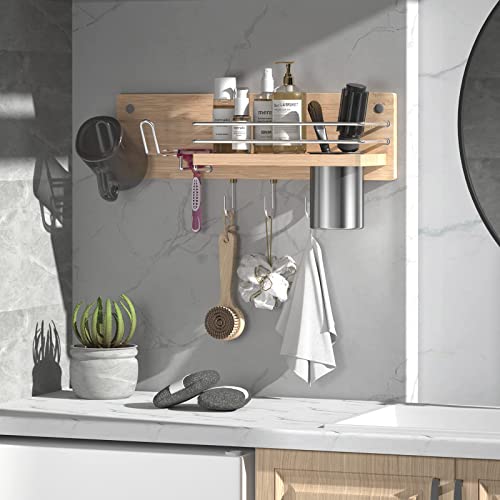RoleDes Bamboo Hair Dryer Holder Wall Mount,Bathroom Organizer for Styling Tools,Blow Dryer,Curling Iron,Hair Straightener Floating Shelves for Hairdryer Storage