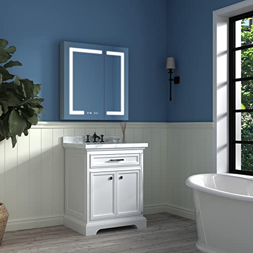 ExBrite LED Lighted Bathroom Medicine Cabinet with Mirror, 30 x 32 Inch, Recessed or Surface led Medicine Cabinet, Clock, Room Temp Display,Defog,Stepless Dimming,3-Color Temper Change, Outlets & USBs