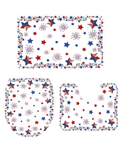 Wotrend 4th of July 3 Piece Bath Rugs Set Fireworks Patriotic Stars Farmhouse Bathroom Mats Absorbent Contour Soft Mat Toilet Lid Cover Bathroom Decor Set, 20"x32"+16"x18"+16"x20"