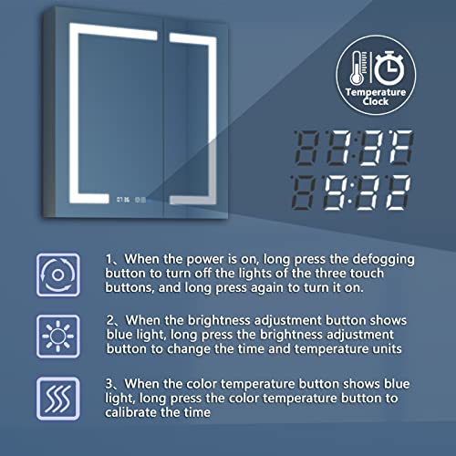 ExBrite LED Lighted Bathroom Medicine Cabinet with Mirror, 30 x 32 Inch, Recessed or Surface led Medicine Cabinet, Clock, Room Temp Display,Defog,Stepless Dimming,3-Color Temper Change, Outlets & USBs