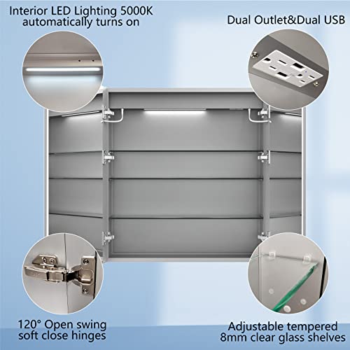 ExBrite LED Lighted Bathroom Medicine Cabinet with Mirror, 30 x 32 Inch, Recessed or Surface led Medicine Cabinet, Clock, Room Temp Display,Defog,Stepless Dimming,3-Color Temper Change, Outlets & USBs