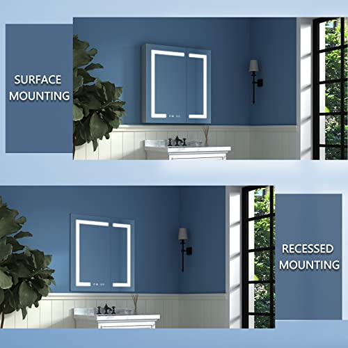 ExBrite LED Lighted Bathroom Medicine Cabinet with Mirror, 30 x 32 Inch, Recessed or Surface led Medicine Cabinet, Clock, Room Temp Display,Defog,Stepless Dimming,3-Color Temper Change, Outlets & USBs