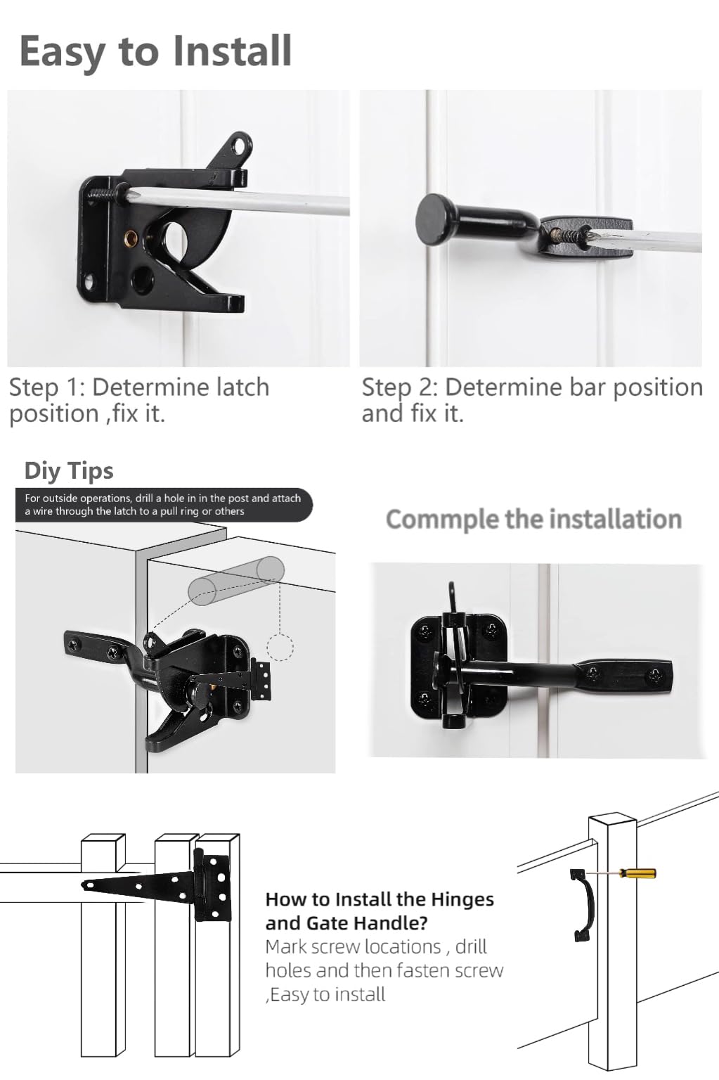 HOME MASTER HARDWARE Wood Gate Hardware Set- Heavy Duty 6" Gate Tee Hinge,Pull Set Gate Hardware Kit with Screws for Outdoor Fence Swing Gate Black Finish