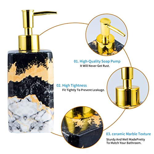4 Piece Bathroom Accessories Set - Black and White Bathroom Accessories Set Includes Lotion Dispenser, Toothbrush Holder Tumbler, and Soap Dish - Glossy Finish (Marble, Black, and White)