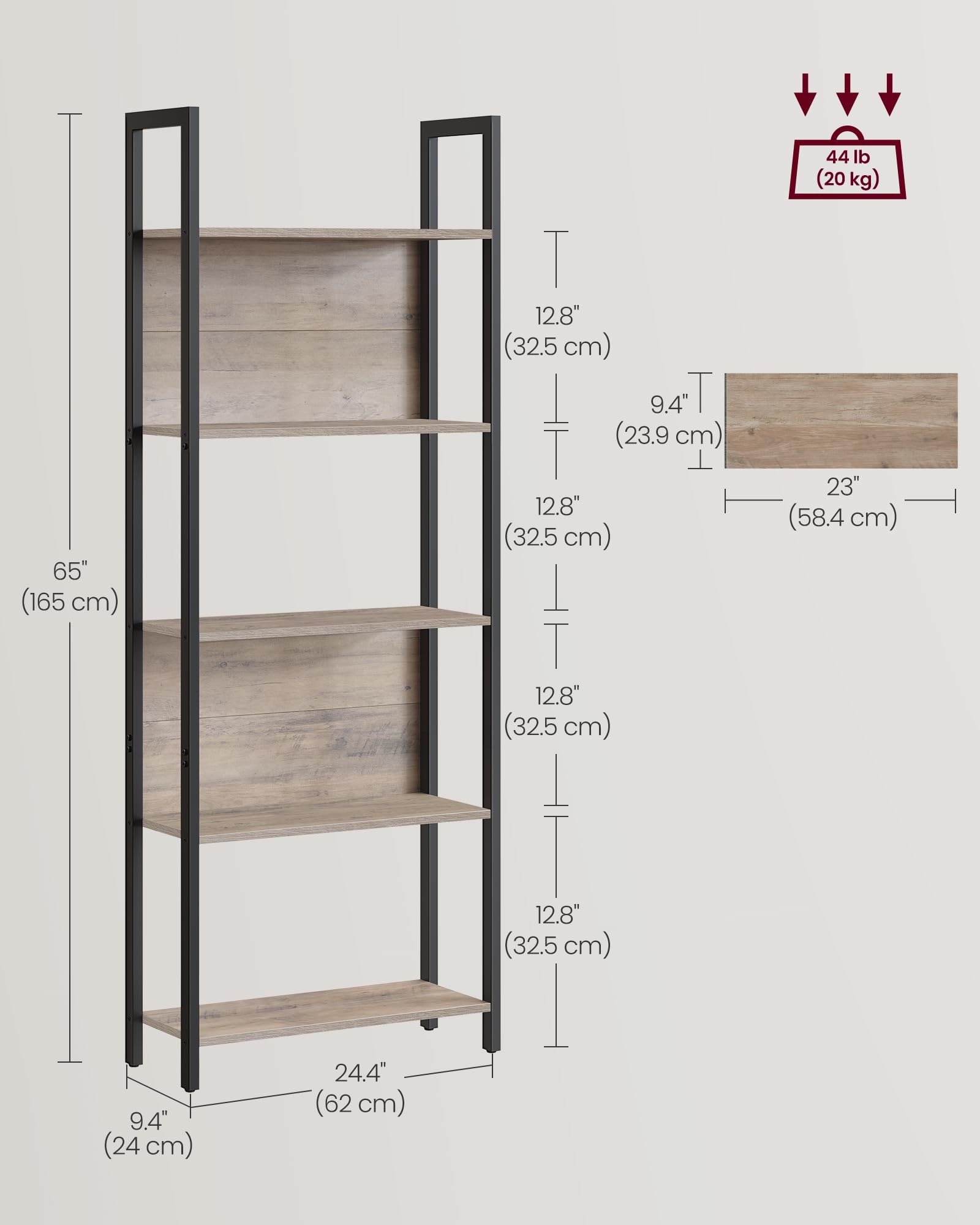 VASAGLE 5-Tier Bookshelf, Book Shelf, Industrial Bookcase, with Steel Frame, for Living Room, Home Office, Bedroom, 9.4 x 24.4 x 65 Inches, Greige and Black ULLS025B02