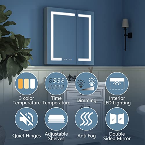 ExBrite LED Lighted Bathroom Medicine Cabinet with Mirror, 30 x 32 Inch, Recessed or Surface led Medicine Cabinet, Clock, Room Temp Display,Defog,Stepless Dimming,3-Color Temper Change, Outlets & USBs