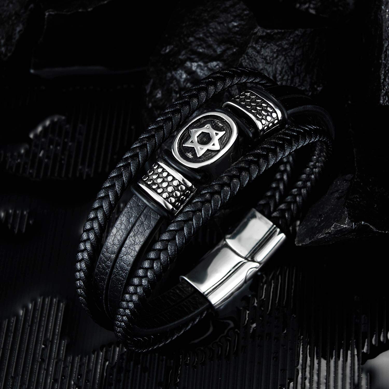 TEMICO Mens Black Leather Cuff Bracelet Multi-Layer Braided Leather Magen Star of David Bracelet Jewish Jewelry