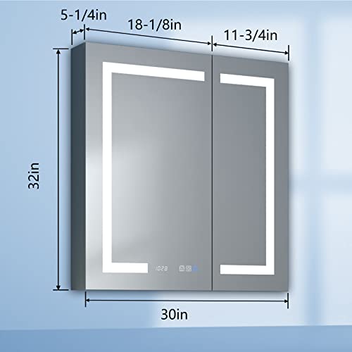 ExBrite LED Lighted Bathroom Medicine Cabinet with Mirror, 30 x 32 Inch, Recessed or Surface led Medicine Cabinet, Clock, Room Temp Display,Defog,Stepless Dimming,3-Color Temper Change, Outlets & USBs