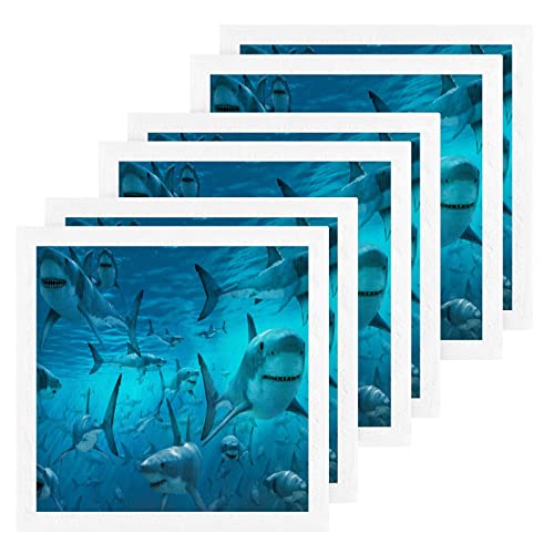 Blueangle 6 Pack Sea Shark Washcloths Set - Highly Absorbent Pure Cotton Wash Clothes - Soft Fingertip Towel for Bath, Spa(216)